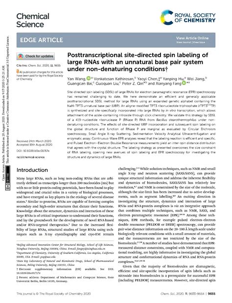 Posttranscriptional Site Directed Spin Labeling Of Large Rnas With An Unnatural Base Pair System