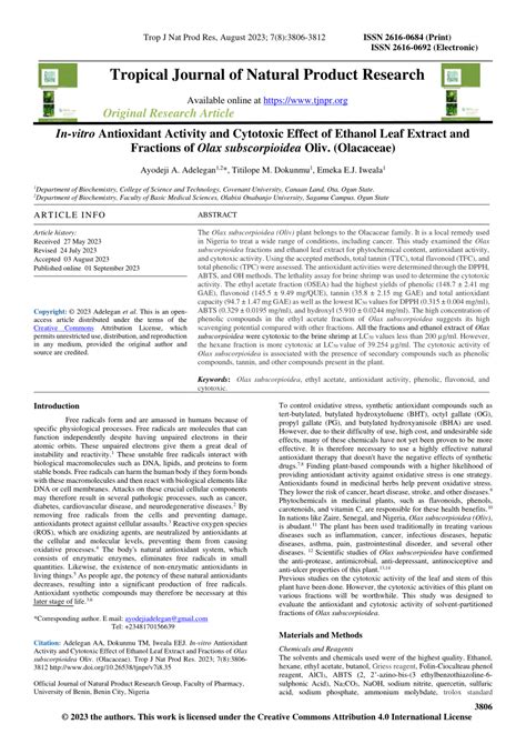 Pdf In Vitro Antioxidant Activity And Cytotoxic Effect Of Ethanol