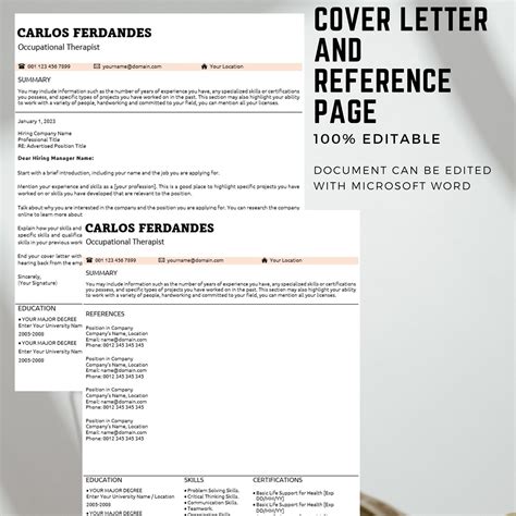 Occupational Therapist Cv Template Modern Template In Word Etsy