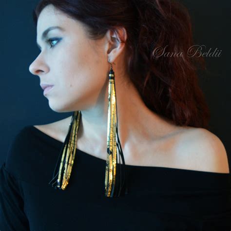 Very Long Earrings Extra Long Blackgold Earrings Leather Etsy