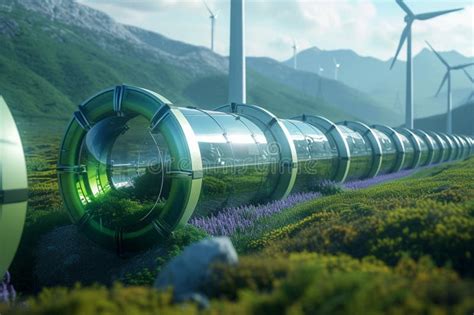 A Hydrogen Pipeline With Wind Turbines And In The Background Green