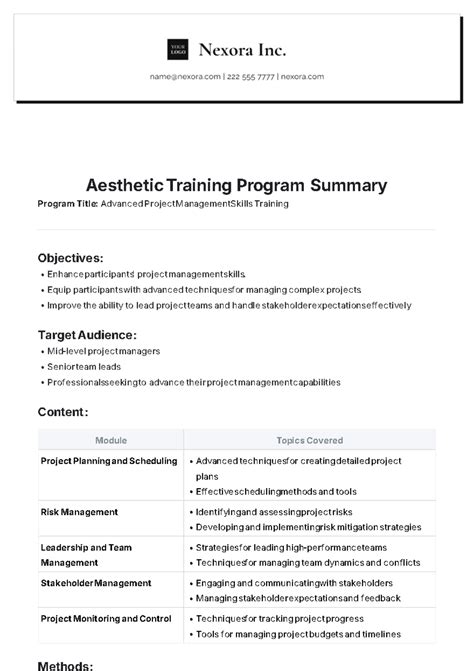 Free Aesthetic Training Program Summary Template To Edit Online