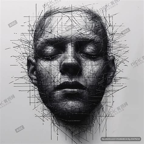 Ai创作图点线面体 素描人头像 几何点线面结课作业图 人脸轮廓线条 粗细错乱交叉线条 线面结合 数字肖像插画 个性线条 立体五官设计 3d手绘