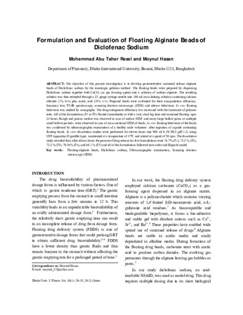 Pdf Formulation And Evaluation Of Floating Alginate Beads Of Diclofenac Sodium