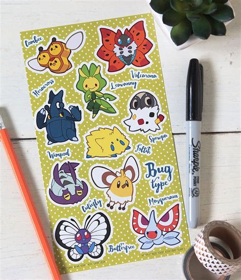 Bug Type Pokemon Sticker Sheet Pokemon Type Series Etsy