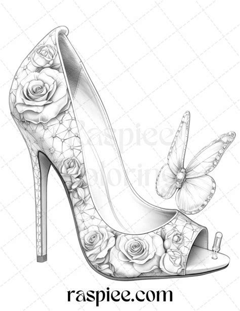 40 Flower Wedding Shoes Grayscale Coloring Pages Printable For Adults