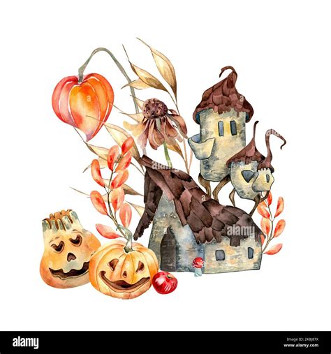 Bunte magische Haus Aquarell Illustration isoliert auf weiß Seltsames