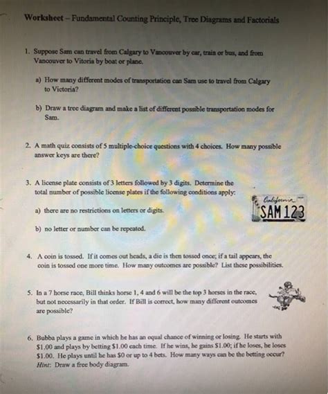 Solved Worksheet Fundamental Counting Principle Tree Diagrams And 1 Answer Transtutors