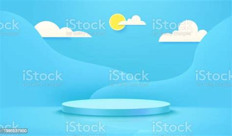 구름과 거울 바닥이있는 분홍색 빈 인테리어 모형 디자인을위한 템플릿 벡터 3d 일러스트 레이 션 받침대에 대한 스톡 벡터 아트