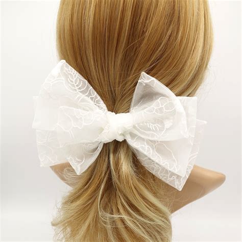 Flower Embroidered Organza Layered Hair Bow Etsy