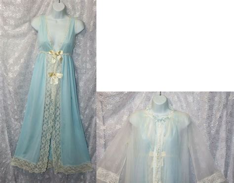 Vtg Gotham 60s Blue Nylon Negligee Nightgown Chiffon Peignoir Set S Mの