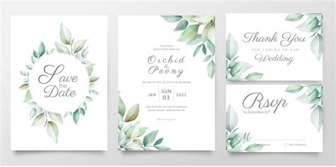 사실적인 수채화 잎의 꽃 결혼식 초대장 카드 템플릿 세트입니다 우아한 녹지 날짜를 저장 초대 감사합니다 Rsvp 카드 벡터 디자인 수채화에 대한 스톡 벡터 아트 및 기타