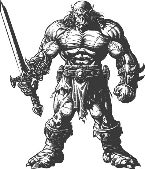 Orc Warrior With Sword Full Body Images Using Old Engraving Style