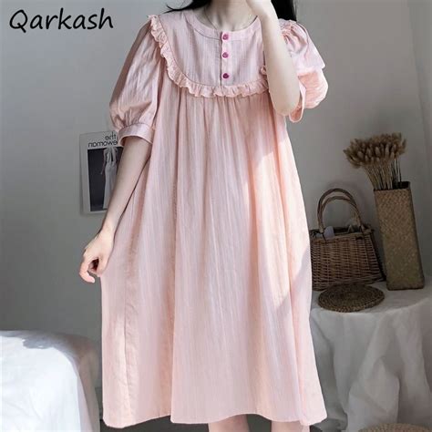 여성용 루즈한 무릎 길이 잠옷 귀여운 소녀 홈웨어 랜턴 슬리브 카와이 메이든 버튼 O 넥 편안한 학생 소프트잠옷and슬립셔츠 Aliexpress