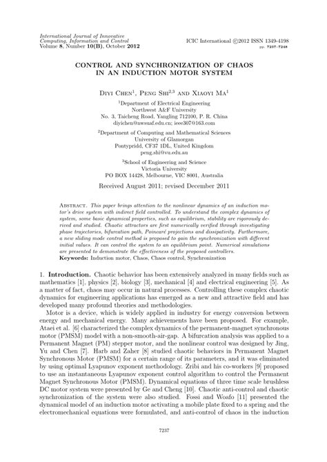 Pdf Control And Synchronization Of Chaos In An Induction Motor System