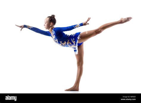 Beautiful Ballerina Teenage Girl Wearing Dancer Blue Leotard Working Out Dancing Posing Doing