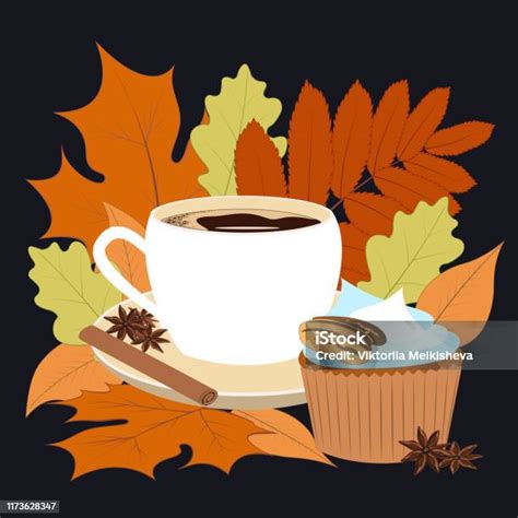 컨셉 일러스트 커피는 가을에 우리를 따뜻하게합니다 일년 중 시간은 가을입니다 밝은 잎 오렌지 노란색 빨간색 식욕을 돋우는 머핀과 아니스와 계피의 향기로운 조미료 계층화된