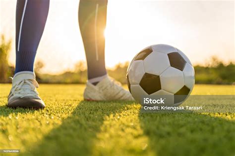 일출 동안 축구장에 공을 들고 서 있는 선수 하늘 배경에 그물에 있는 축구공 공 움직임 축구 클럽에서 인기 있는 스포츠 건강한