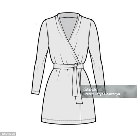 깊은 V넥 긴 소매 오버사이즈 미니 길이 연필 컷 넥타이를 갖춘 랩 드레스 테크니컬 패션 일러스트 0명에 대한 스톡 벡터 아트 및 기타 이미지 Istock