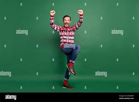 Full Length Body Size Photo Man Overjoyed Gesturing Like Winner