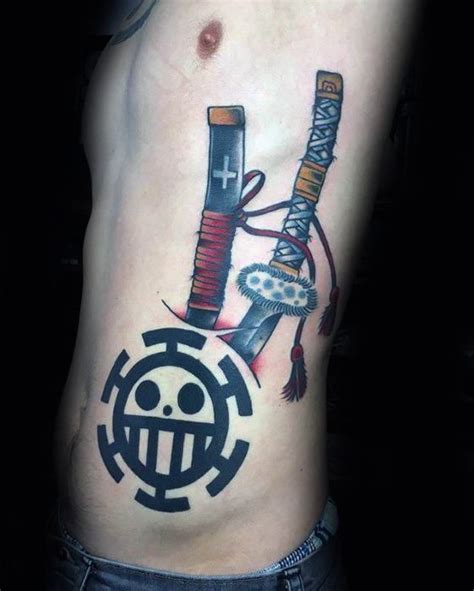 Mens One Piece Tattoo On Rib Cage Side With Sword Design Rib Tattoos