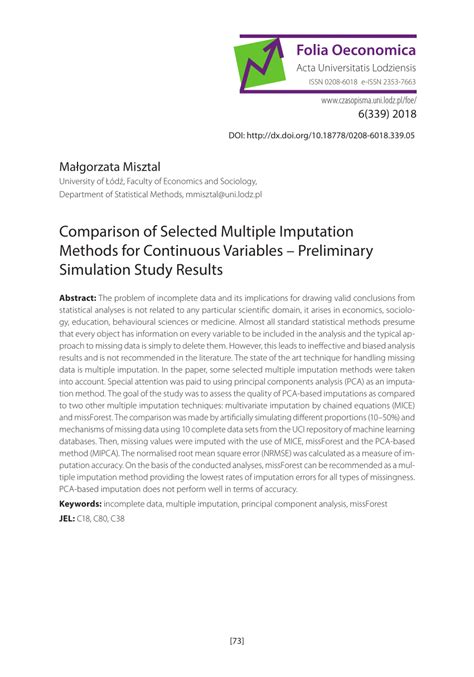 Pdf Comparison Of Selected Multiple Imputation Methods For Continuous