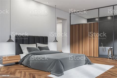 침대 욕조 유리 파티션이있는 어두운 침실 과 욕실 인테리어 0명에 대한 스톡 사진 및 기타 이미지 0명 3차원 형태 가구