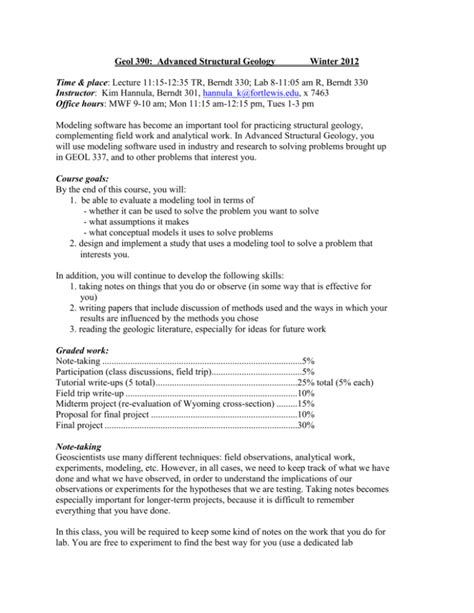 Geol 390 Advanced Structural Geology Winter 2012 Time And Place