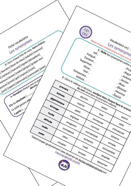 Exercices Les Synonymes Ce1 Ce2 à Imprimer En Pdf Gratuit