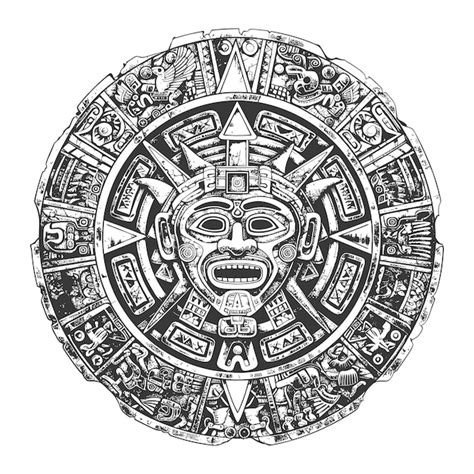 Calendario Azteca Circular Con Máscara Central Del Dios Sol Y Glifos