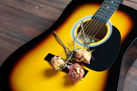 나무 테이블에 말린 장미와 어쿠스틱 기타 텍스트 가 있는 메모리 콘서트 광고 용 템플릿 Classical Concert에 대한