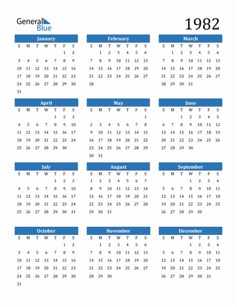 Free 1982 Calendars In Pdf Word Excel