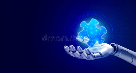 3d Rendering Robot Hand Holding Digital Jigsaw Puzzle Piece On Blue