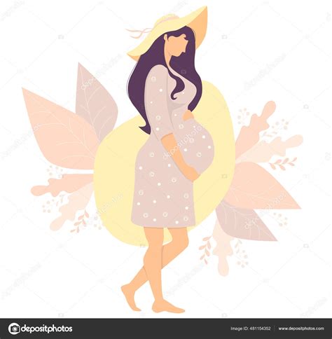 Happy Pregnant Girl In Sun Hat Hugs Her Belly Isolated On A Decorative