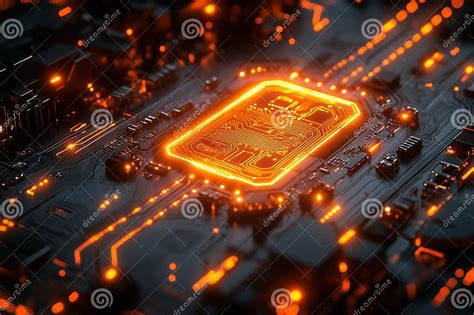 Close Up View Of A Glowing Microchip On A Circuit Board Showcasing Intricate Electronic