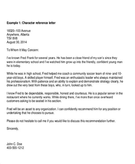 Character Reference Letter Sample For Student Cover Letter