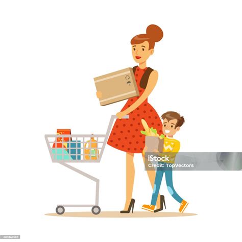 어머니와 아들 과 카트 쇼핑 에 백화점 만화 캐릭터 구매 물건 에 이 가게 쇼핑에 대한 스톡 벡터 아트 및 기타 이미지 쇼핑 슈퍼마켓 식료품 Istock