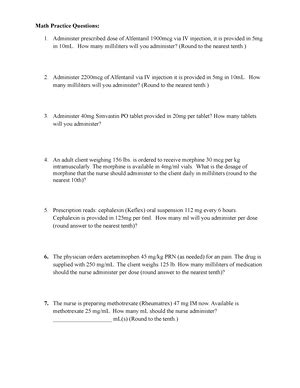Adult Practice Dosage Calculation Test Heparin Calculations Name Studocu