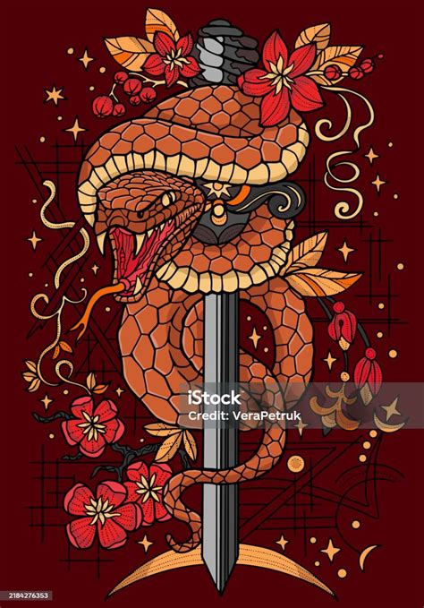 손으로 그린 벡터 칼과 뱀과 다채로운 그림 동부 별자리에 따라 올해의 상징 난해하고 고딕적이며 신비로운 개념 신화와 전설이 있는 그래픽 아트웍 뱀띠에 대한 스톡 벡터 아트