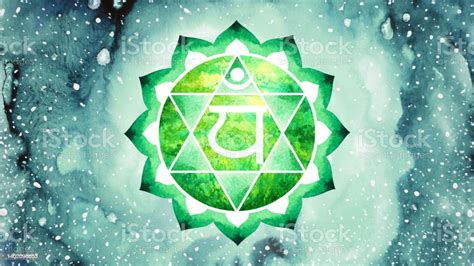 아나하타 하트 차크라 그린 컬러 로고 기호 아이콘 레이키 마음 영적 건강 치유 전체 론적 에너지 연꽃 만다라 수채화 그림 아트 일러스트 레이 션 디자인 우주 배경 차크라에