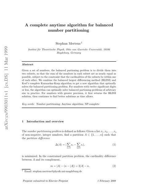 Pdf A Complete Anytime Algorithm For Balanced Number Partitioning