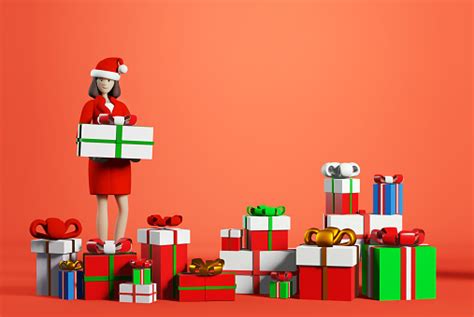 선물과 크리스마스 선물을 많이 가진 3d 렌더링 일러스트 비즈니스 우먼 사무실 비즈니스 및 기업 생활에서 크리스마스와 새해를
