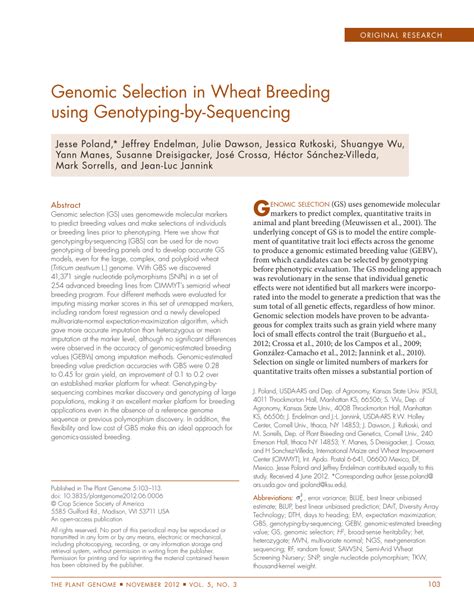 Pdf Genomic Selection In Wheat Breeding Using Genotyping By Sequencing