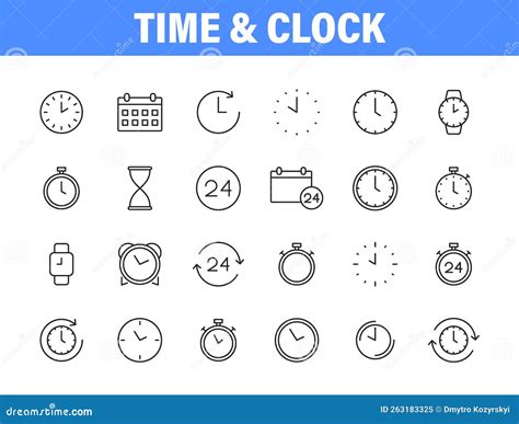 Set Of 24 Time And Clock Web Icons In Line Style Timer Speed Alarm Calendar Stock Vector