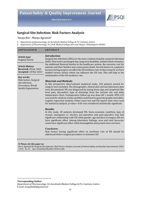 Pdf Surgical Site Infection Risk Factors Analysis