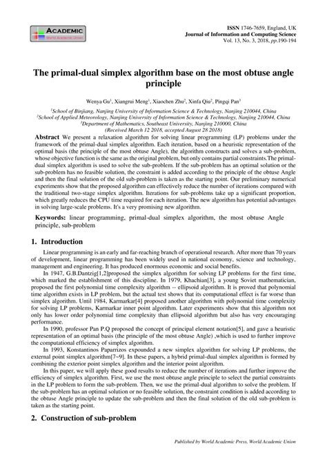 Global Science Press The Primal Dual Simplex Algorithm Base On The