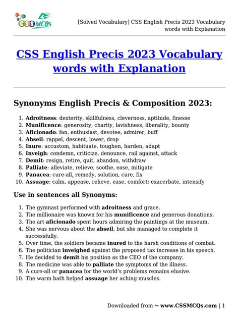 Solved Vocabulary Css English Precis 2023 Vocabulary Words With Explanation Pdf Medicine Solved Vocabulary Css English Precis 2023 Vocabulary Words With Explanation Pdf Medicine