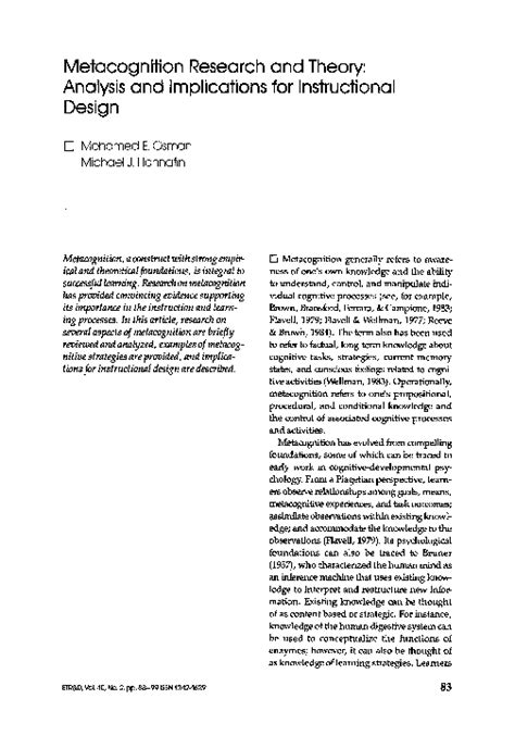 Pdf Metacognition Research And Theory Analysis And Implications For Instructional Design