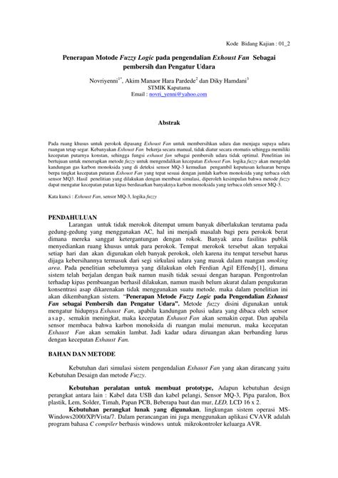 Pdf Penerapan Metode Fuzzy Logic Pada Pengendalian Exhoust Fan Sebagai Pembersih Dan Pengatur