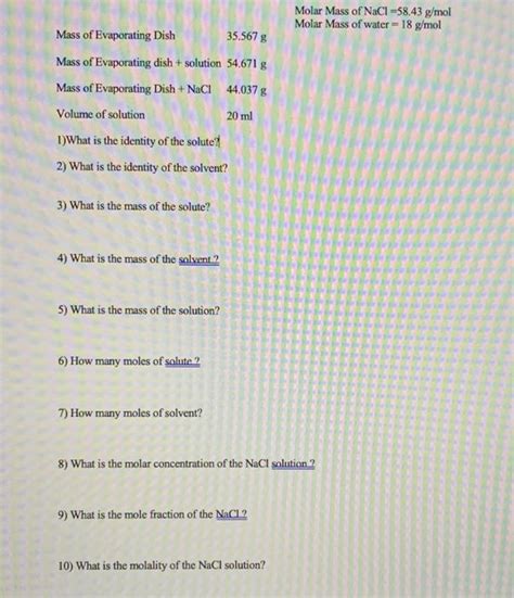Solved Molar Mass Of Nacl 5843 Gmol Molar Mass Of Water